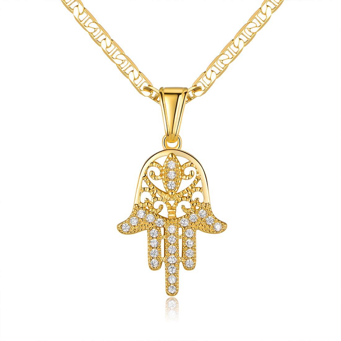 Barzel Hamsa Necklace for Women & Men 18K Gold Plated Flat Mariner/Marina 060 3MM Chain Necklace With Cubic Zirconia Hamsa Hand Pendant (Hamsa, 18)