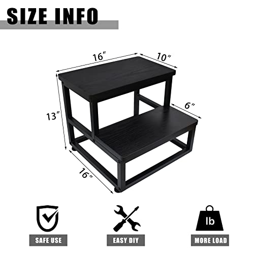 SZLHANJZ Step Stools for Adults & Kids, Bed Steps for High Beds for Adults, Multi-Purpose Metal and Wooden Step Stool with Round Corner, 2 Steps Bedside Kitchen Toilet Stool Hold Up to 500 LB, Black