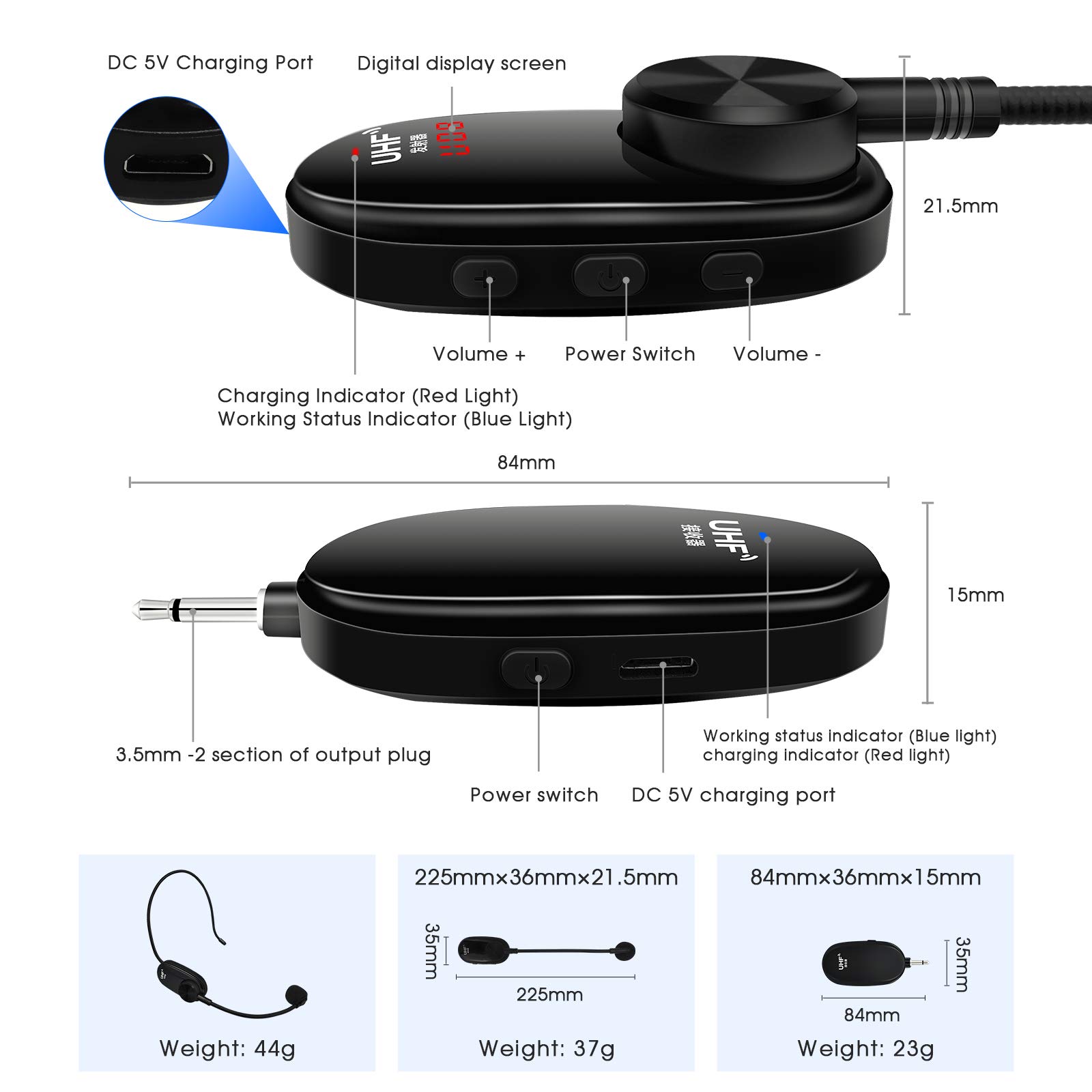 ZOWEETEK Wireless Microphone Headset,UHF Wireless Headset Mic,UHF Headset Mic System,165ft Range,Support PA System,Power Amplifier,Voice Amplifier for Teachers,Fitness Instructor,Training,Lecturers