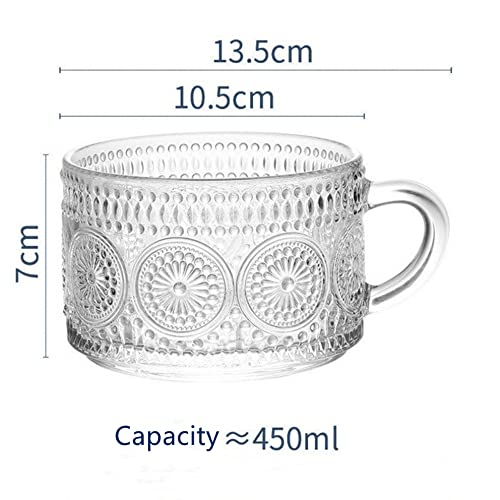 LUECMO Vintage Coffee Tea Cups [2 Pack], 14 oz Glass Tea Coffee Mugs, Clear Embossed Glass Cups for Cappuccino, Latte,Cereal, Yogurt, Beverage (Transparent)