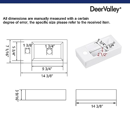 DeerValley DV-1V081L Liberty Wall Mount Sink, Rectangle Mini Vessel Sink,Small Bathroom Cloakroom White Porcelain Ceramic Wash Basin Right/Left Hand (Left Hand) (Left Hand)
