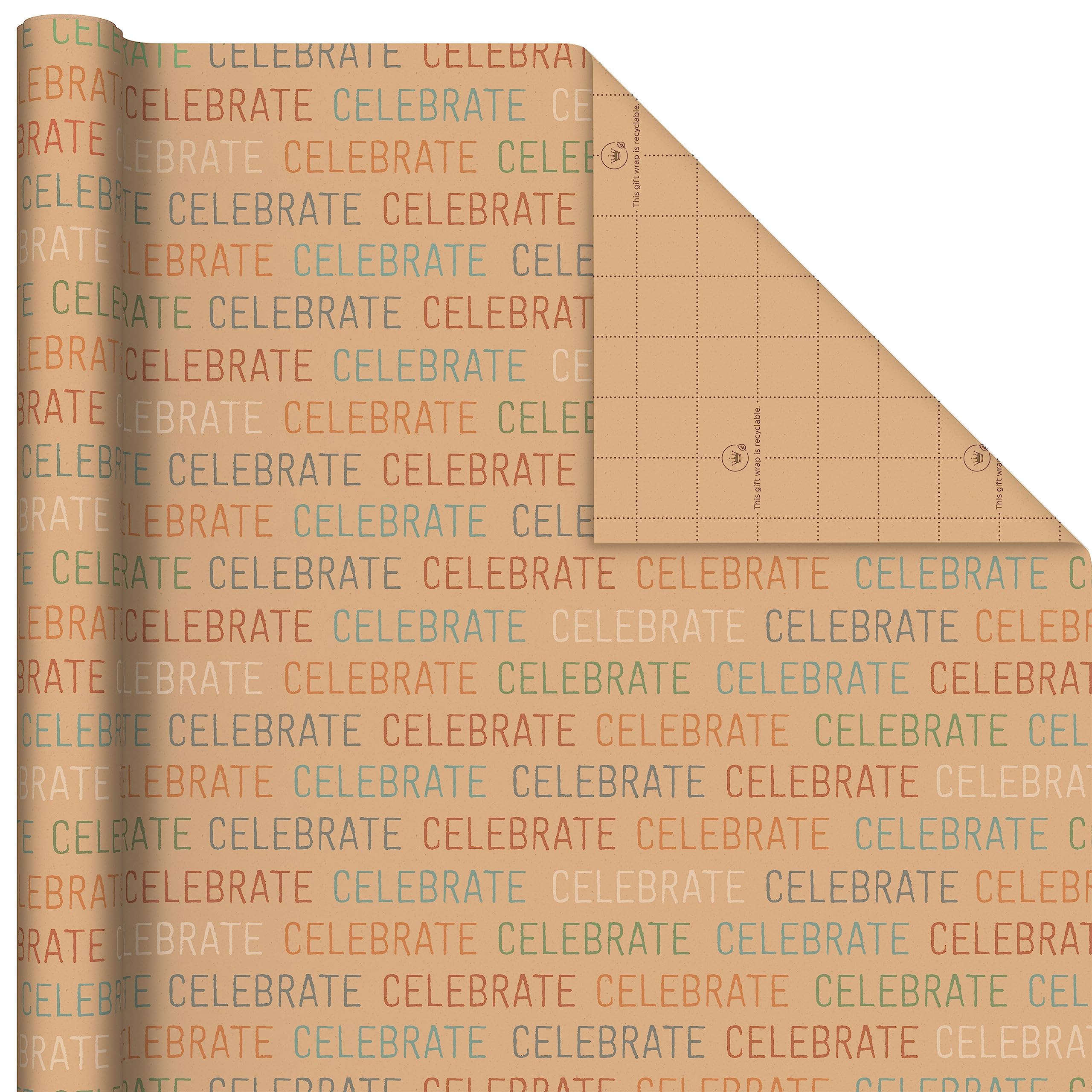 Hallmark Recyclable Wrapping Paper with Cutlines on Reverse (3 Rolls: 60 sq. ft. ttl) Rainbow Stripes, Celebrate, Stars on Kraft Brown for Birthdays, Graduations, Kids Parties