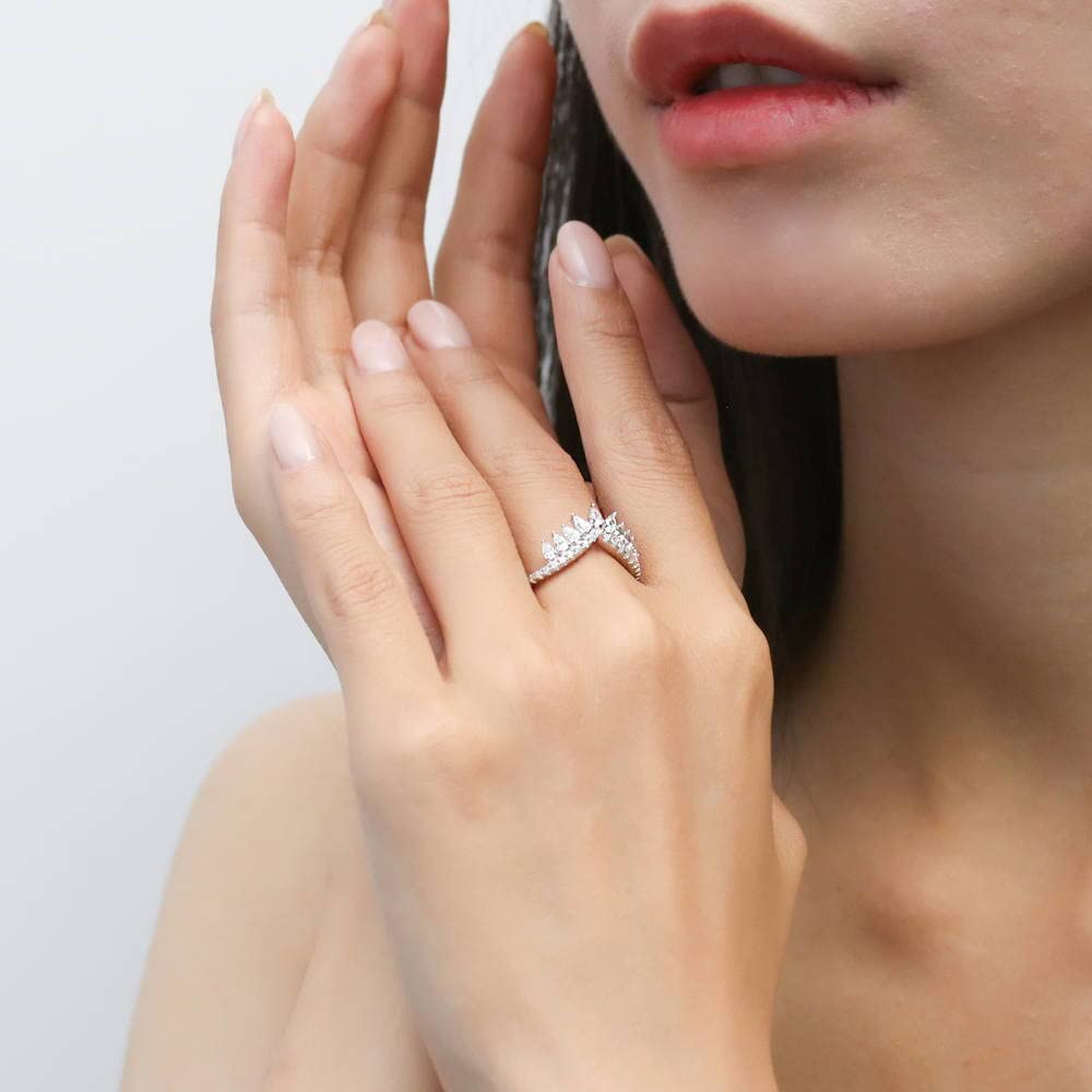 BERRICLE Sterling Silver Wishbone Wedding Rings Cubic Zirconia CZ Crown Anniversary Curved Half Eternity Ring for Women, Rhodium Plated Size 6.5