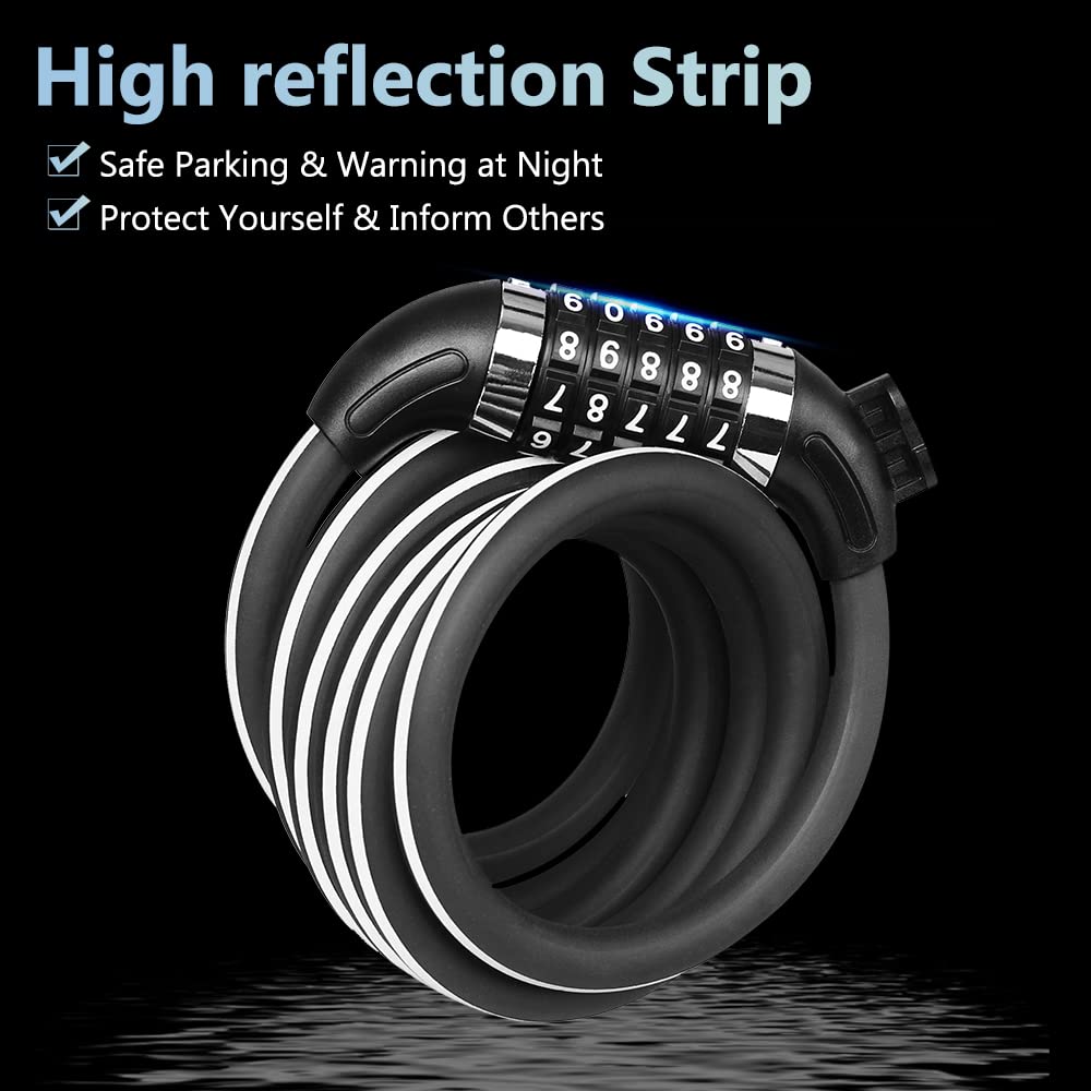 Bike Lock Cable 7feet, 5 Digit Resettable Combination Bicycle Lock with 12mm Flexible Self Coiling Braided Steel Cable,Keyless Convenience with Frame Mount Bracket