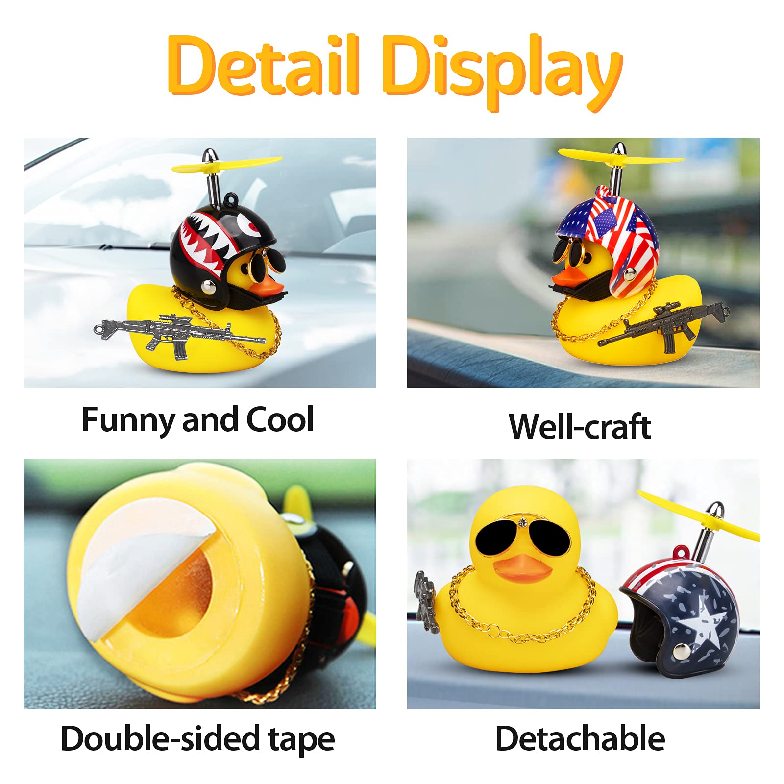 wonuu 3 Pack Car Rubber Duck Cute Yellow Wind-Breaking Ducks Dashboard Decorations Small Ornaments with Propellers Glasses Gold Chain (Yellow-Stars and Stripes&Flag&Shark)