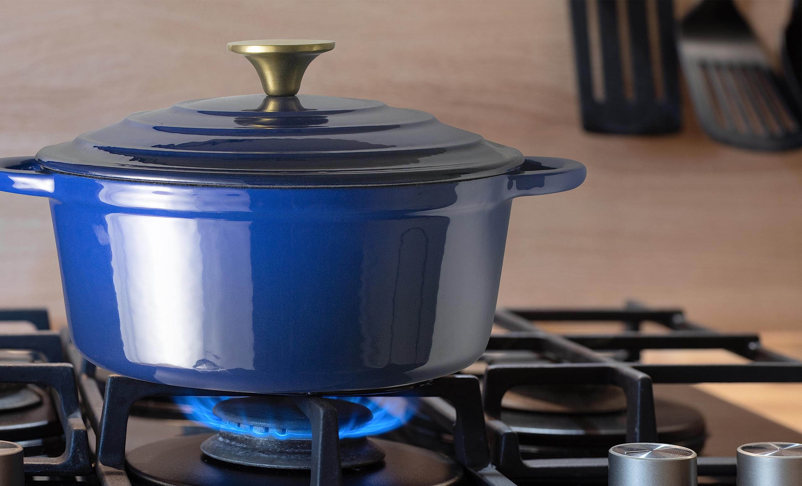 Enameled Cast Iron Dutch Oven - 5qt Dutch Oven Pot with Lid and Steel Knob - Cast Iron Cookware with Loop Handles for Gas, Electric & Ceramic Stoves - Blue Enamel Dutch Oven for Cooking & Baking