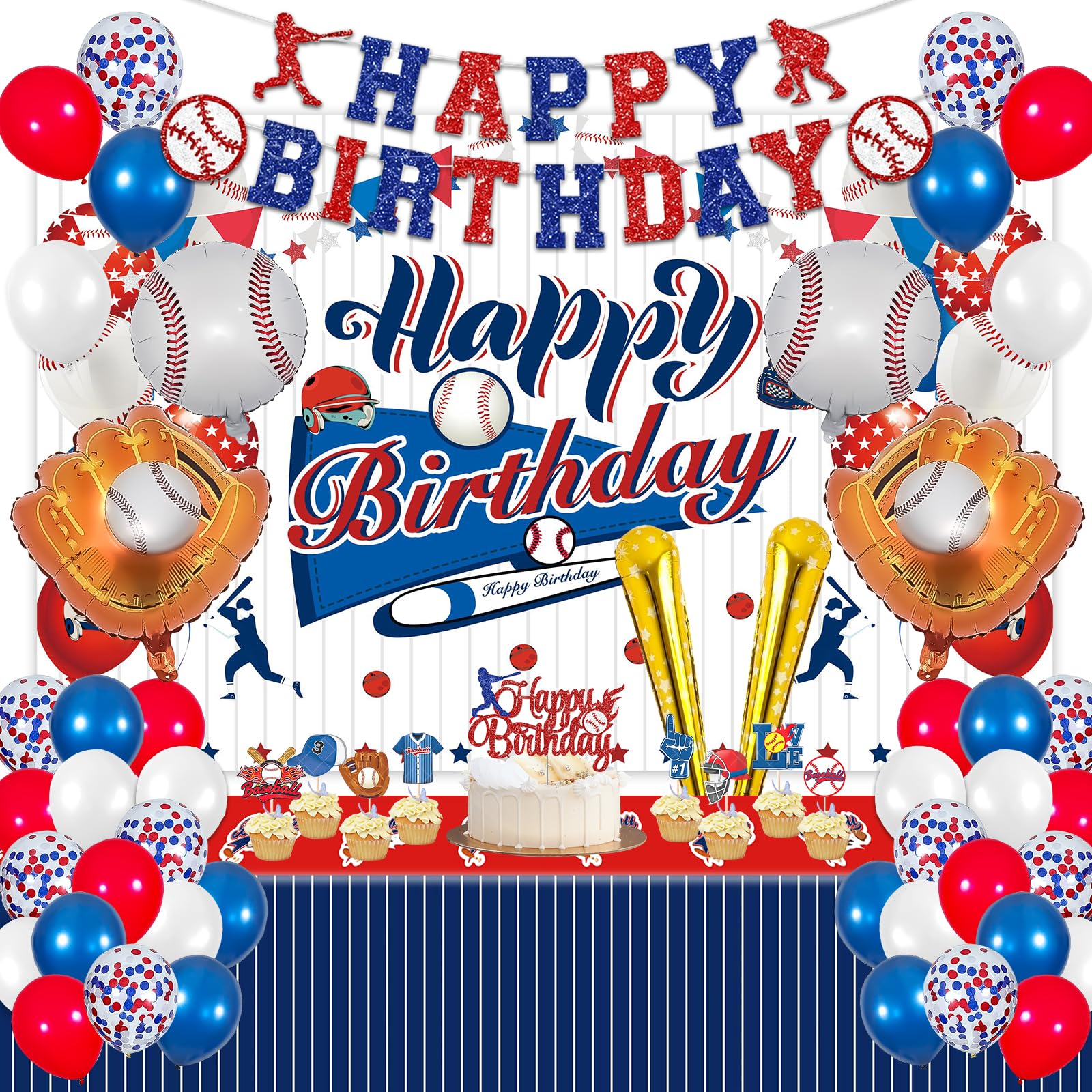 Baseball Birthday Party Decorations, Baseball Balloons Party Supplies, Including Navy Blue Balloons, Baseball theme Background, Tablecloth, Happy Birthday Banner, Cupcake/Cake Toppers
