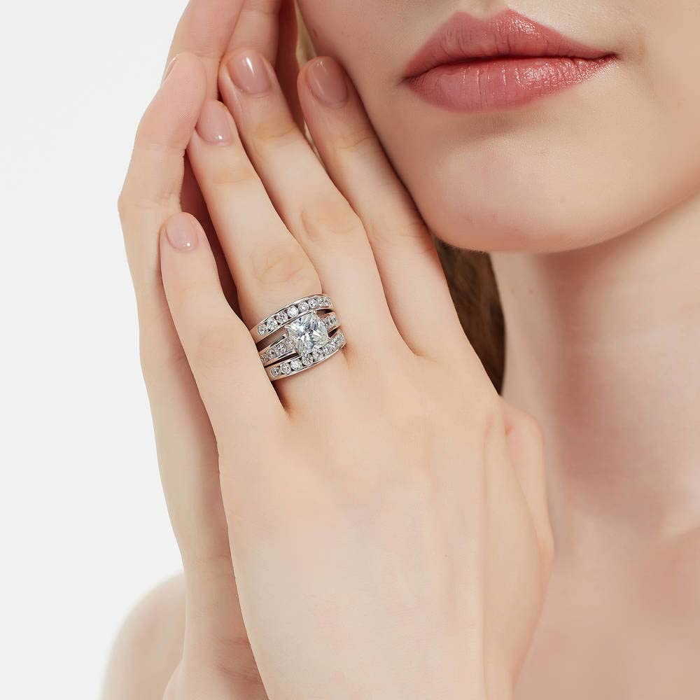 BERRICLE Sterling Silver Solitaire Wedding Engagement Rings 3 Carat Cushion Cut Cubic Zirconia CZ Ring Set for Women, Rhodium Plated Size 7