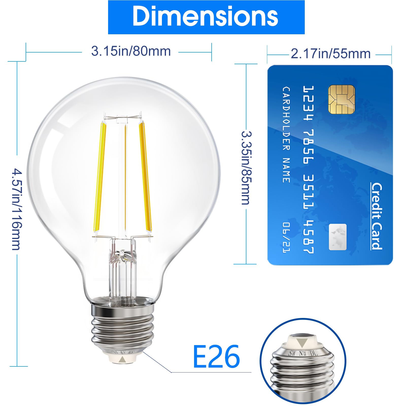 E ENERGETIC LIGHTING Dimmable G25 LED Bulb, 4.5W LED Filament Light Bulbs, Clear Glass Round Light Bulb, 3CCT, 2700K/3500K/5000K, 500LM High Brightness, 60 W Equivalent, E26 Base, 6 Pack