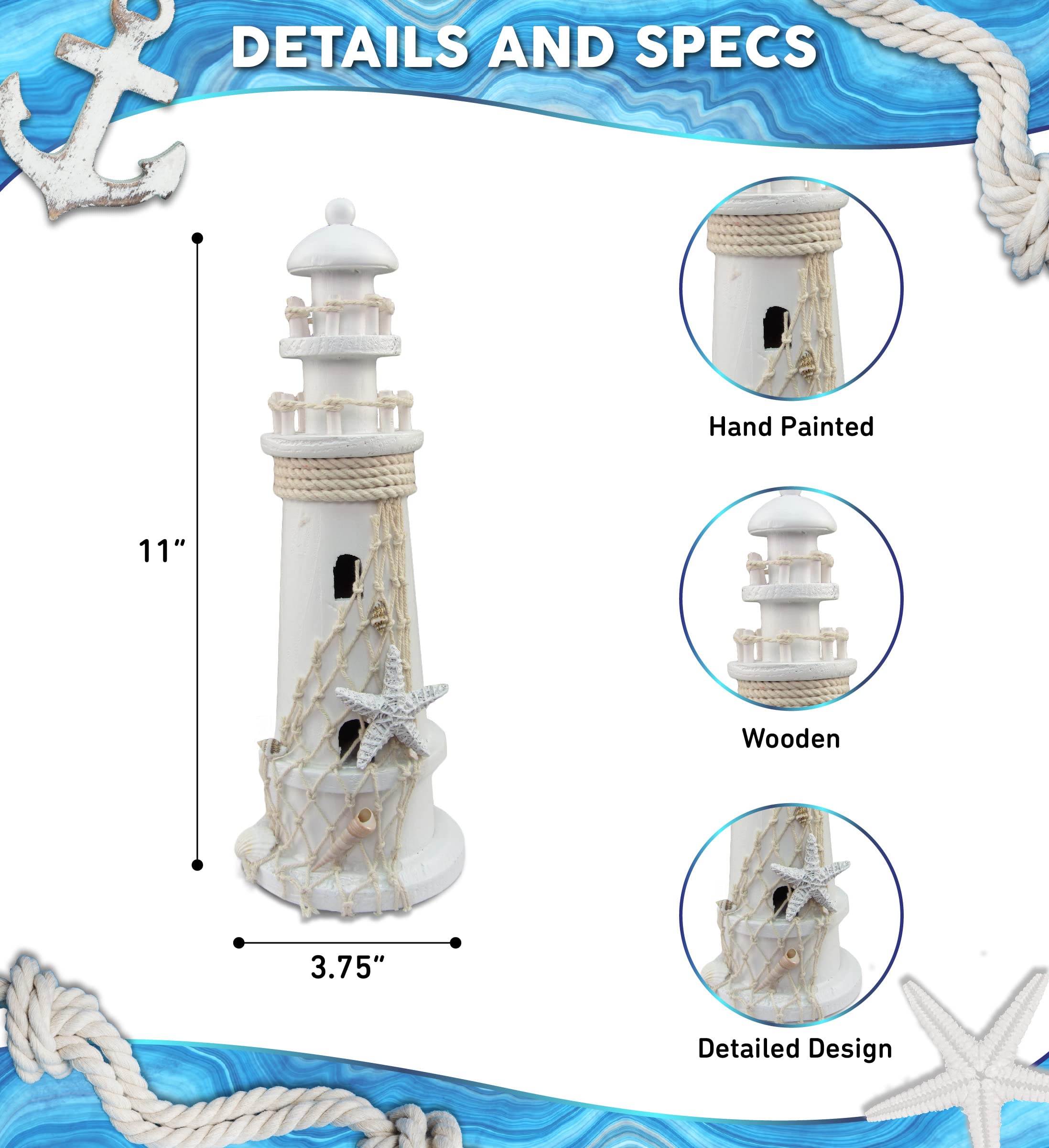 Puzzled COTA Global White Lighthouse Decor - Handmade and Crafted Wooden Lighthouse Decoration with Starfish and Fish Net, Decorative Beach Style Tabletop Centerpiece - 11 Inches