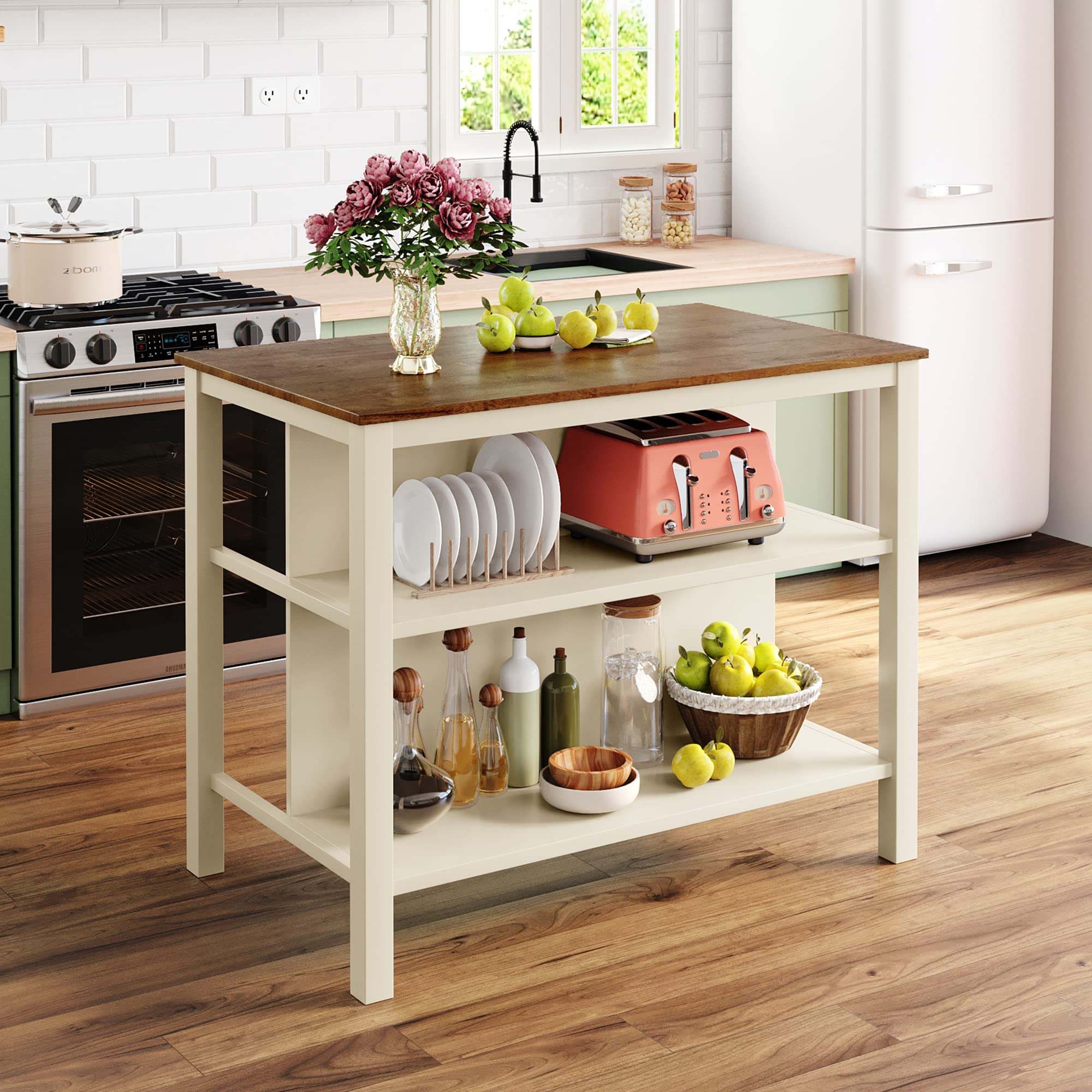 Bellemave Kitchen Island with Seating for 2, 3 Piece Counter Height Dining Table Set with Storage, Farmhouse Wood Bar Table with Stools, Small Breakfast Dinner Table & Chairs, Walnut
