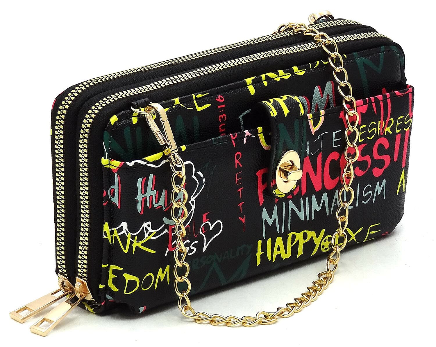 Multicolor Graffiti Printed Cell Phone Purse Wallet Smartphone Crossbody Wallet Travel Multifunction Phone Case Wristlet Clutch Wallet (#A-Black)
