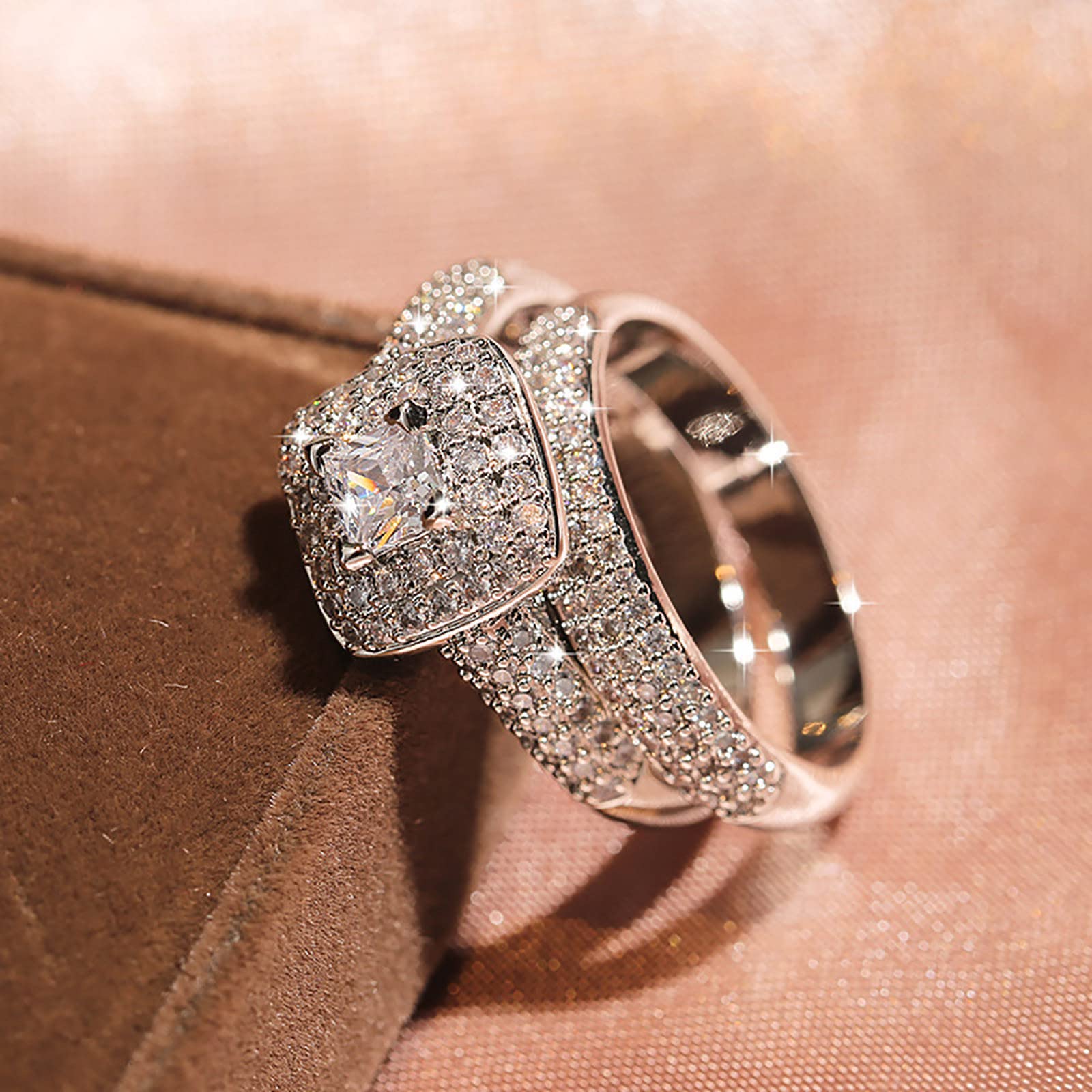 BLUGY 2pcs Ring Set Couple Rings Princess Square Diamond Set Ring Fashion Luxury Engagement Wedding Jewelry for Valentine's Day