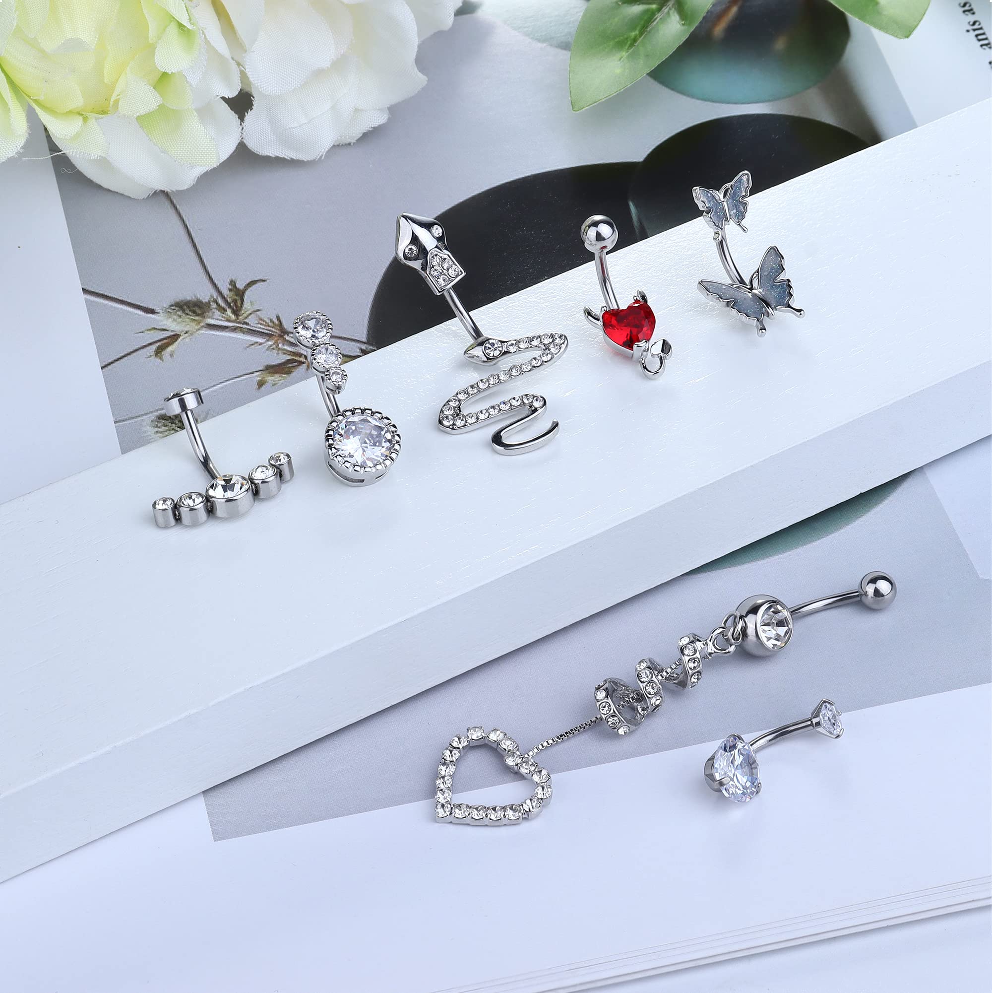 CASSIECA 7Pcs 14G Belly Button Rings Dangle for Women Stainless Steel Snake Butterfly Devil Heart Clear CZ Navel Rings Body Piercing Jewelry