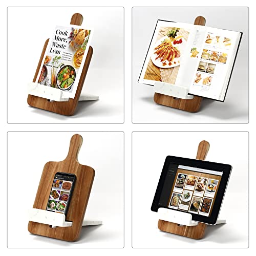 EVERBBKING Cookbook Stand,Acacia Wood Cutting Board Style Cookbook Holder for Kitchen Counter Adjustable iPad Tablet Recipe Book Stand with Marble Base