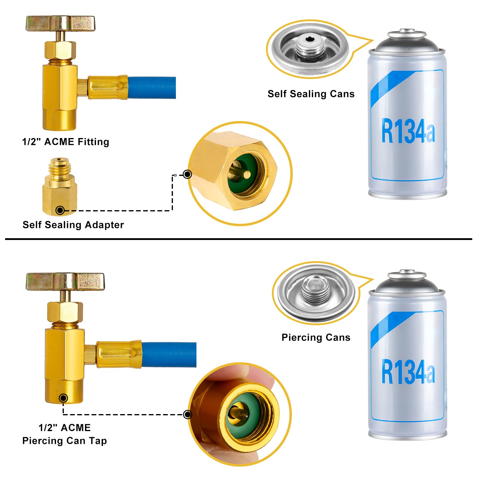 Belleone R134a Refrigerant Recharge Kit with BPV31 Bullet Piercing Valve and R134a Quick Coupler, R134a/R-12/R-22 Freon Refrigerant Hose Can Tap Kit for A/C System - Easy to use