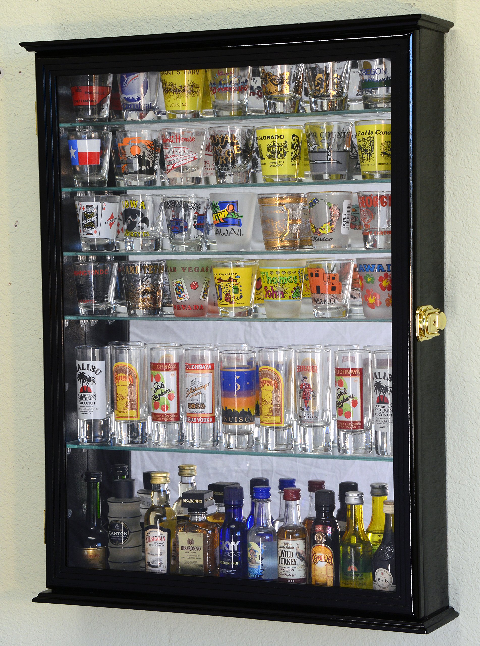 Large Mirror Backed and 7 Glass Shelves Shot Glasses Display Case Holder Cabinet , Black