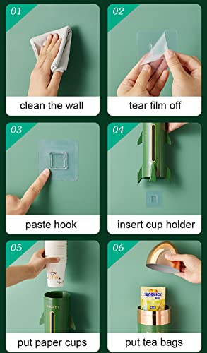 Jaugufiy Rocket Shape Disposable Paper Cup Dispenser Wall Mounted Cup Storage Disposable Cup Holder with Tea Bag Storage Box for Home Office (Green)