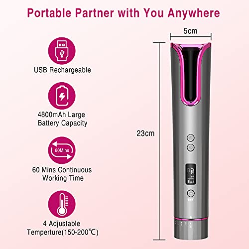 BlumWay Cordless Auto Hair Curler, Automatic Curling Iron with LCD Display Adjustable Temperature & Timer,Rechargeable & Portable Curling Wand for Travel,Magic Styling Tools(Purple)