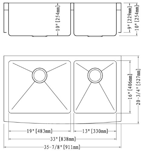 Dowell 10" Deep Apron Front Farmhouse Undermount Double Bowl 35-7/8x20-3/4 Stainless Steel Kitchen Sink (16 Gauge, 6008 3620D)