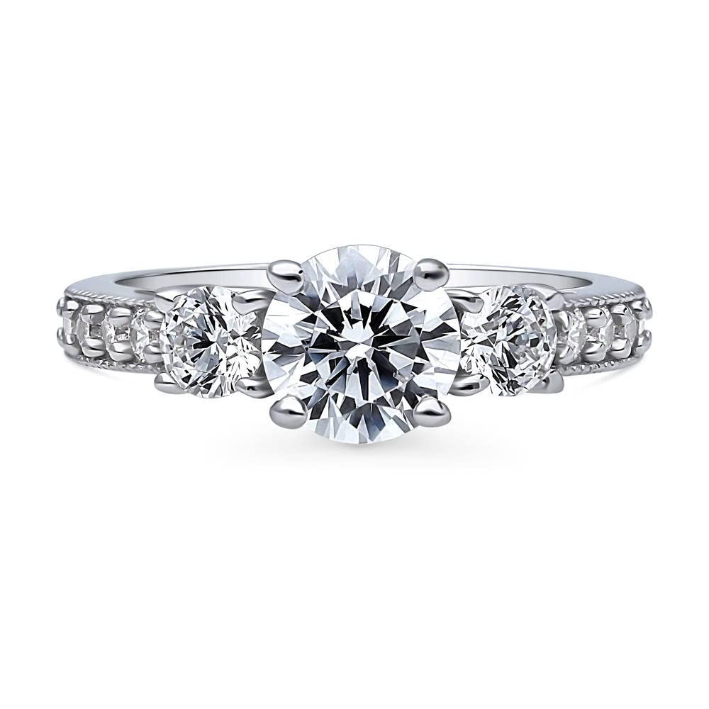 BERRICLE Sterling Silver 3-Stone Wedding Engagement Rings Round Cubic Zirconia CZ Anniversary Promise Ring for Women, Rhodium Plated Size 7.5