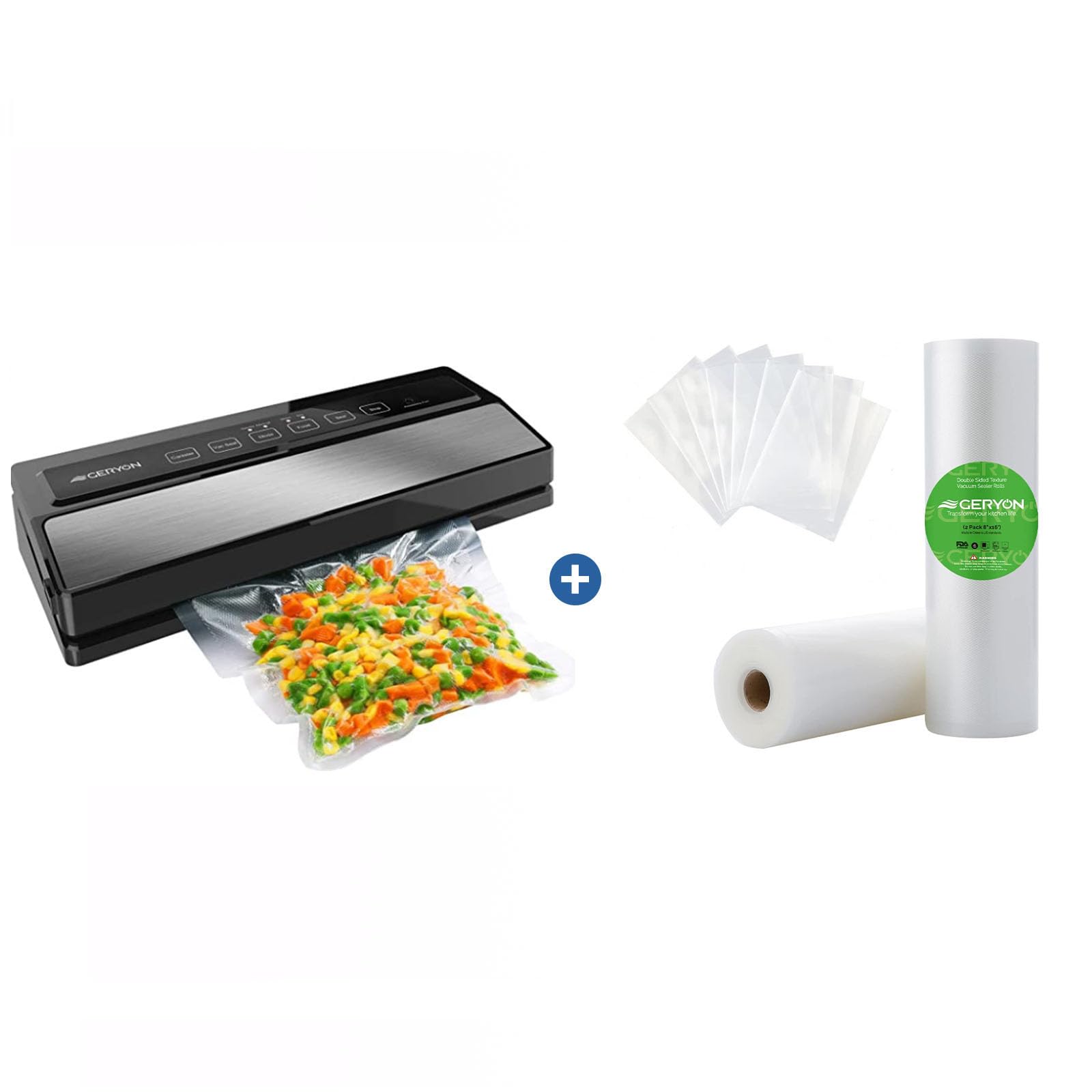 GERYON Vacuum Sealer Machine Silver and 2 Pack Vacuum Sealer Bag 8x16ft Rolls