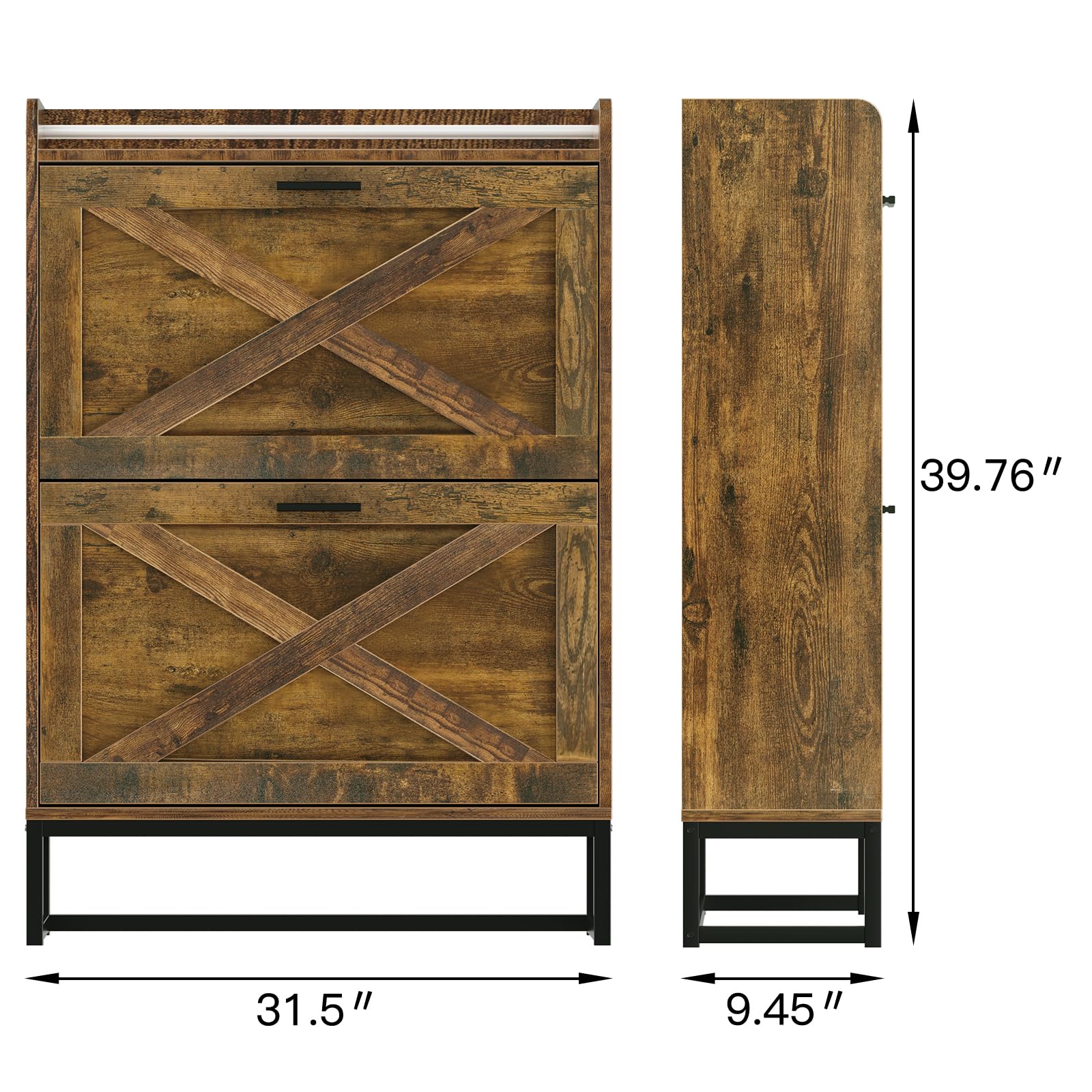 HAIOOU 2 Drawer Industrial Shoe Cabinet, Slim Freestanding Wood Shoe Rack Storage Organizer Stand with Flip Doors, Open Storage Shelf, Anti Toppling for 15-18 Pairs Rustic Brown