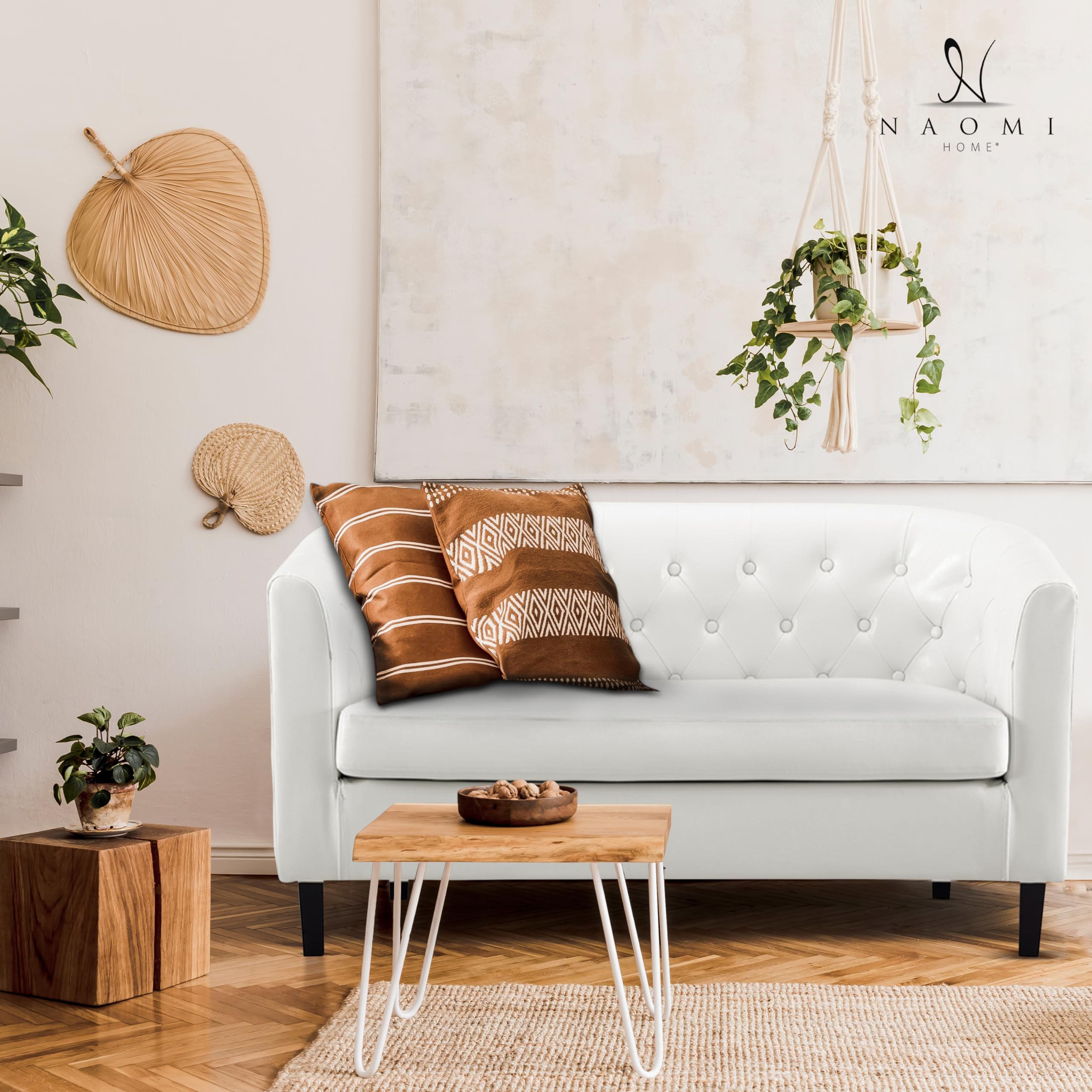 Emma Love Seat, Button Tufted Faux Leather Barrel Loveseat, Midcentury Modern 2 Seater Sofa Couch, Small Loveseat for Small Spaces, Bedrooms, Couches for Living Room, Easy Tool-Free Assembly - White