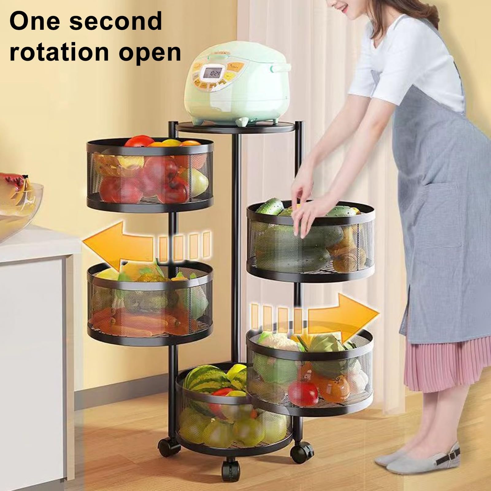 Grebest Kitchen Fruit Vegetable Storage Cart, 5 Tier Circular Rotating Basket with 360 Degree Wheels, Metal Wire Shelf with Top Lid for Living Room/Kitchen/Office Black Five Layers