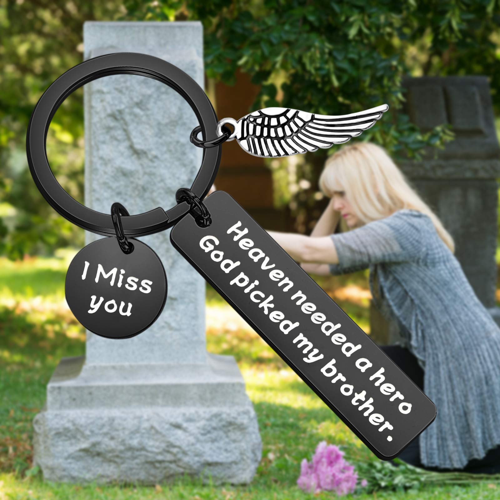 BAUNA Brother Remembrance Keychain Heaven Needed a Hero God Memorial Angel Wing Keychains Loss of Brother (Remembrance Keychain)