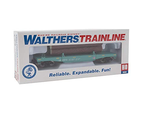 Walthers Trainline HO Scale Model Log Dump Car with 3 Logs - Union Pacific #14972 (Mow Scheme, Green, Yellow Conspicuity Marks)