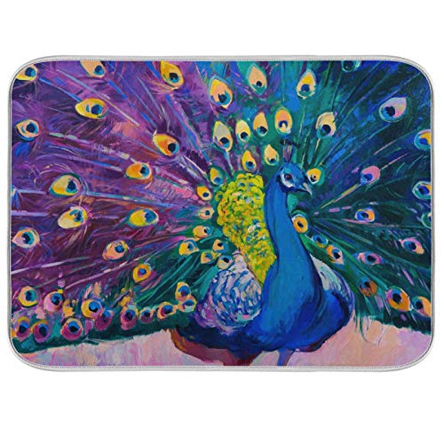 Painting Beautiful Peacock Animal Dish Drying Mat 24"x18" Absorbent Machine Washable Hanging Fast Dry Pad Dish Protective Mat for Kitchen Countertop Heat Resistant Dinner Table Mat