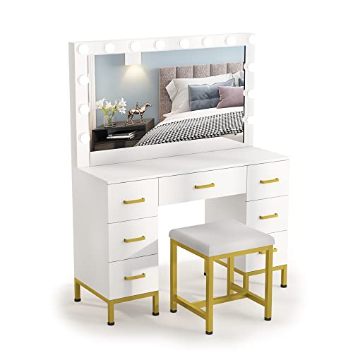 PAKASEPT Vanity Set with Lighted Mirror, Makeup Vanity Dressing Table with 14PCS LED Bulbs, Cushioned Stool & 7 Drawers, Large 44" White Vanity for Bedroom, Powder Room
