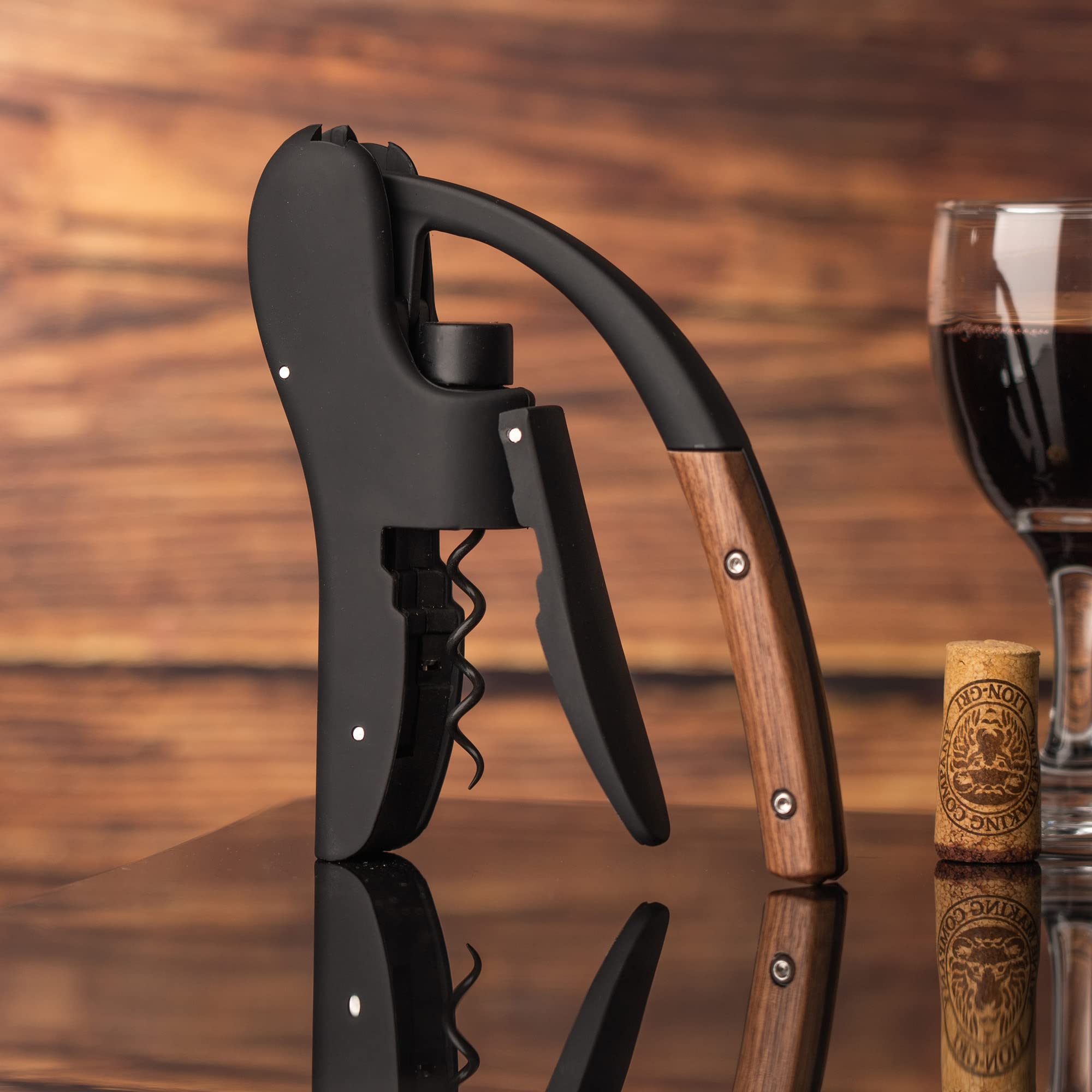 Wine Opener,Compact Vertical Corkscrew Wine Bottle Opener with Wood Handle and Built-in Foil Cutter,Wine Key for Servers and Bartenders,Gifts