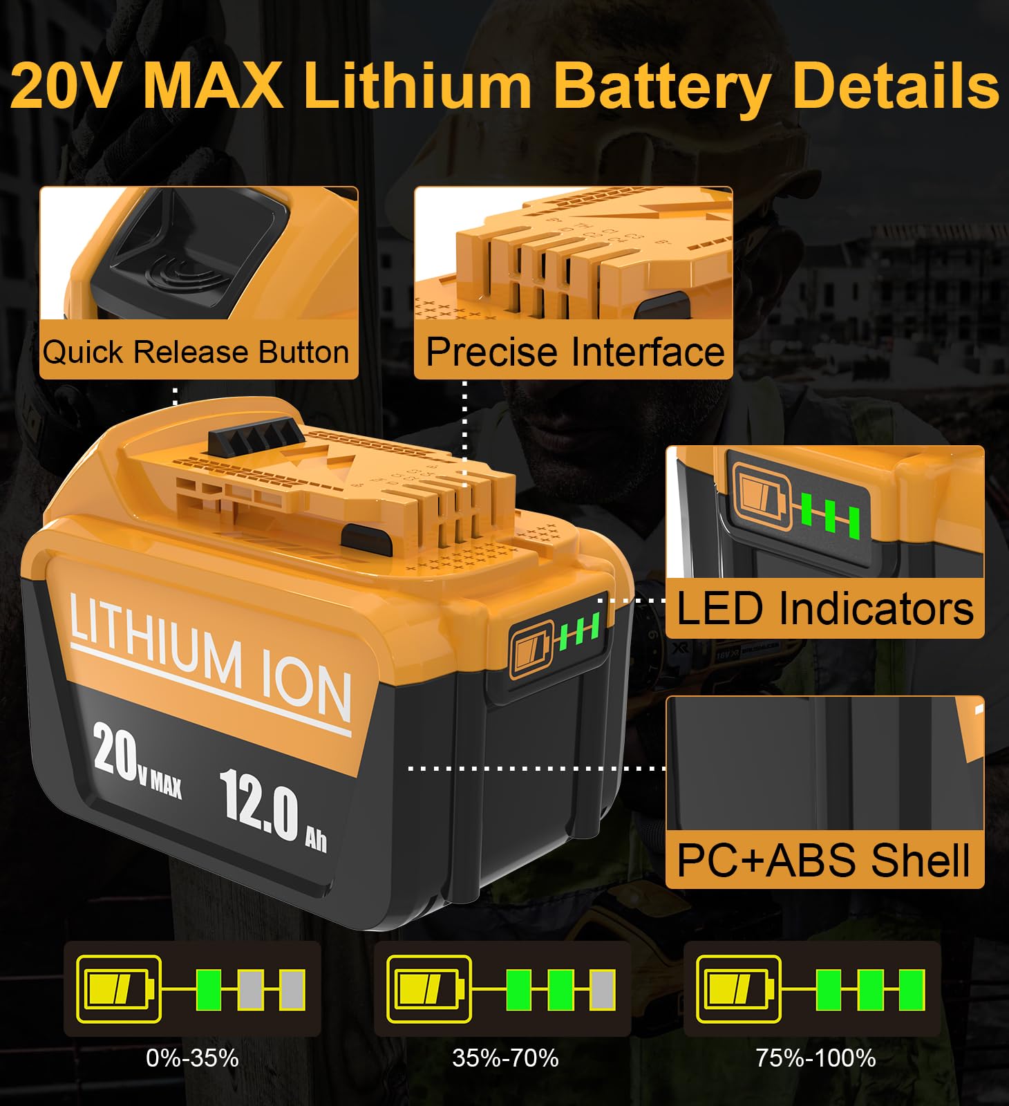 DCB210 Replacement for Dewalt 20V MAX XR Battery 12.0Ah Compatible with Dewalt 20V Lithium Ion Battery DCB205 DCB206 Compatible with Dewalt 20 Volt Battery DCD/DCF/DCG/DCS Series Cordless Power Tools