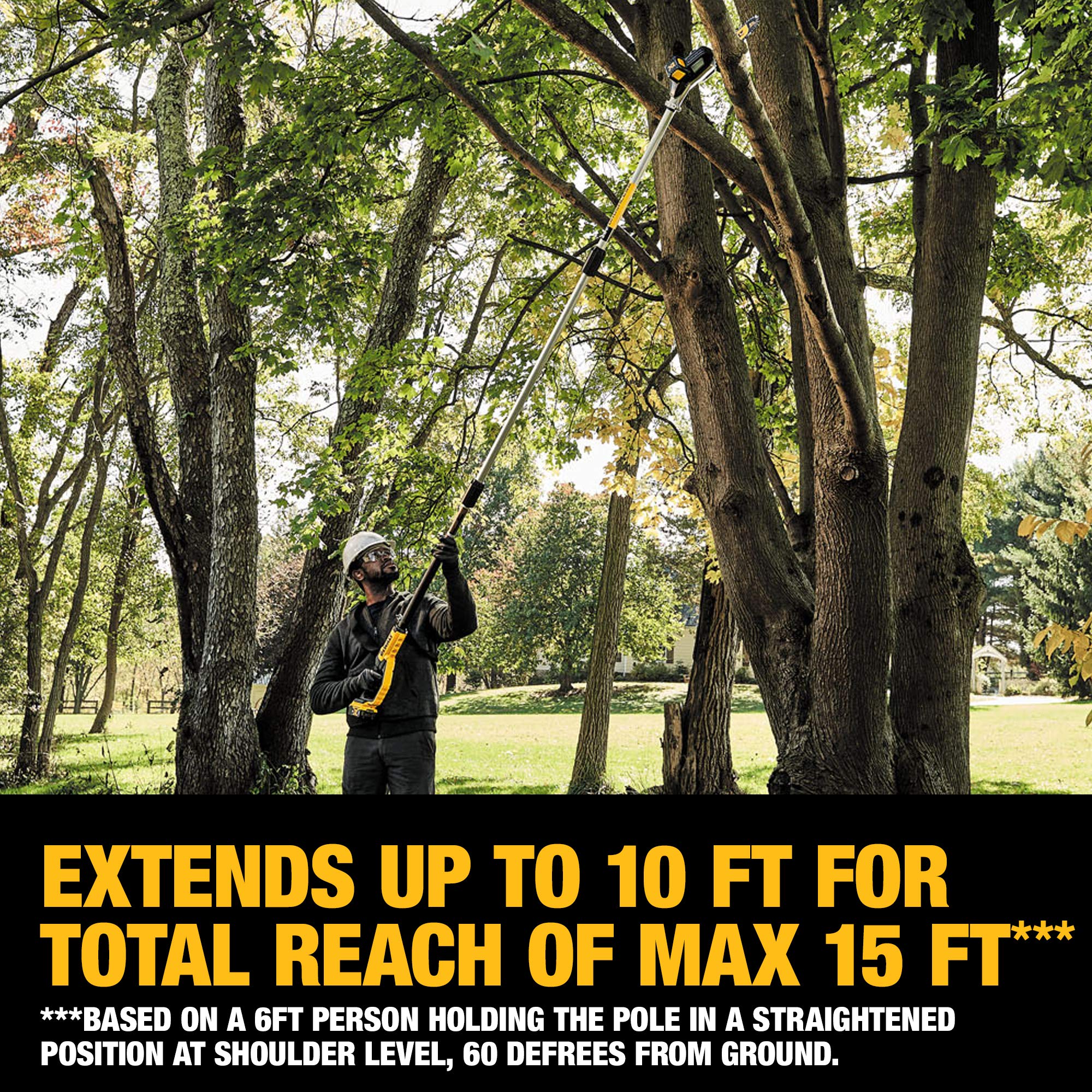DEWALT 20V MAX* Pole Saw & Hedge Trimmer Attachment, 15-foot Reach, Brushless (DCPS620M1 & DCPH820BH)