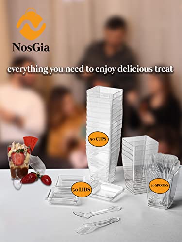 NosCupsGia 5.4 oz Set of 50 Dessert Cups with Lids & Spoons - Small Plastic Cups with Lids Mini Spoons Parfait Cups with Lids Clear Plastic Cups with Lids Mousse Ice Cream Pudding Cups