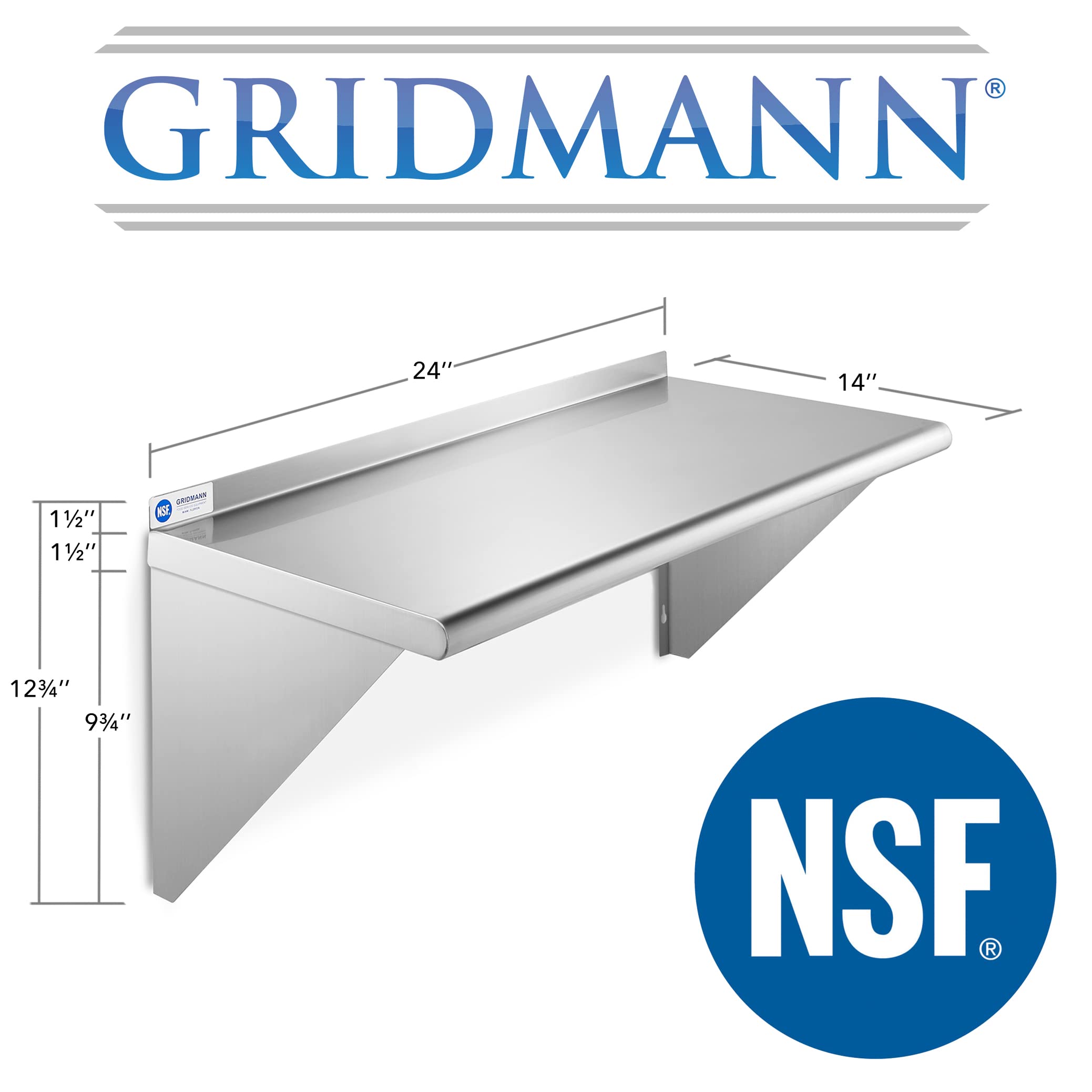 GRIDMANN 14" x 24" Stainless Steel Wall Mount Shelf with Backsplash, Commercial Grade - NSF Certified 18 Gauge Shelving for Restaurant, Kitchen, Utility Room, Garage
