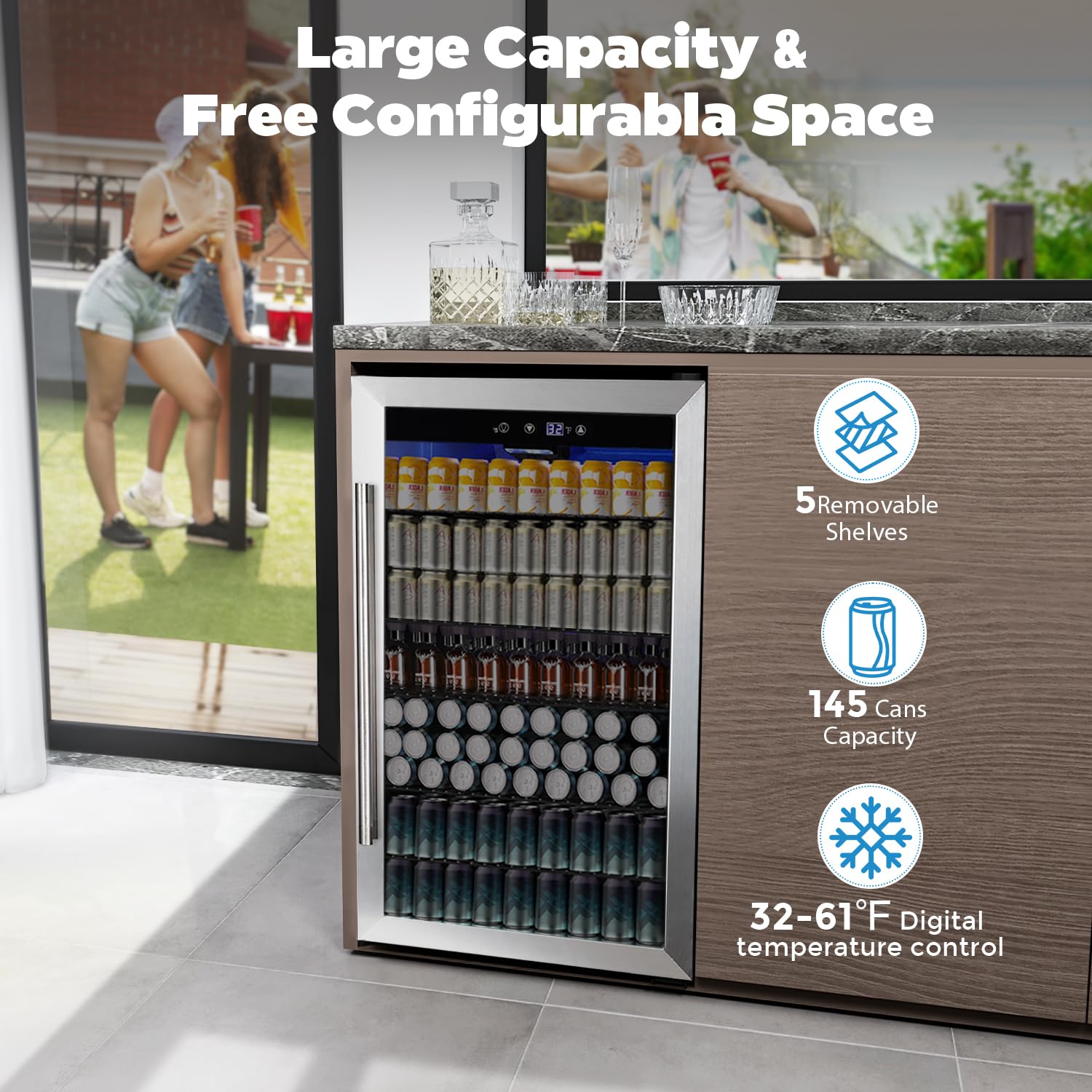 Kndko Beverage Refrigerator and Cooler, Mini Fridge 145 Can, Little Cooler, 32~61℉, Small Refrigerator with 5 Adjustable Shelves for Bar, Home Office, Bedroom, Garage, Game Room,4.5 Cu.Ft