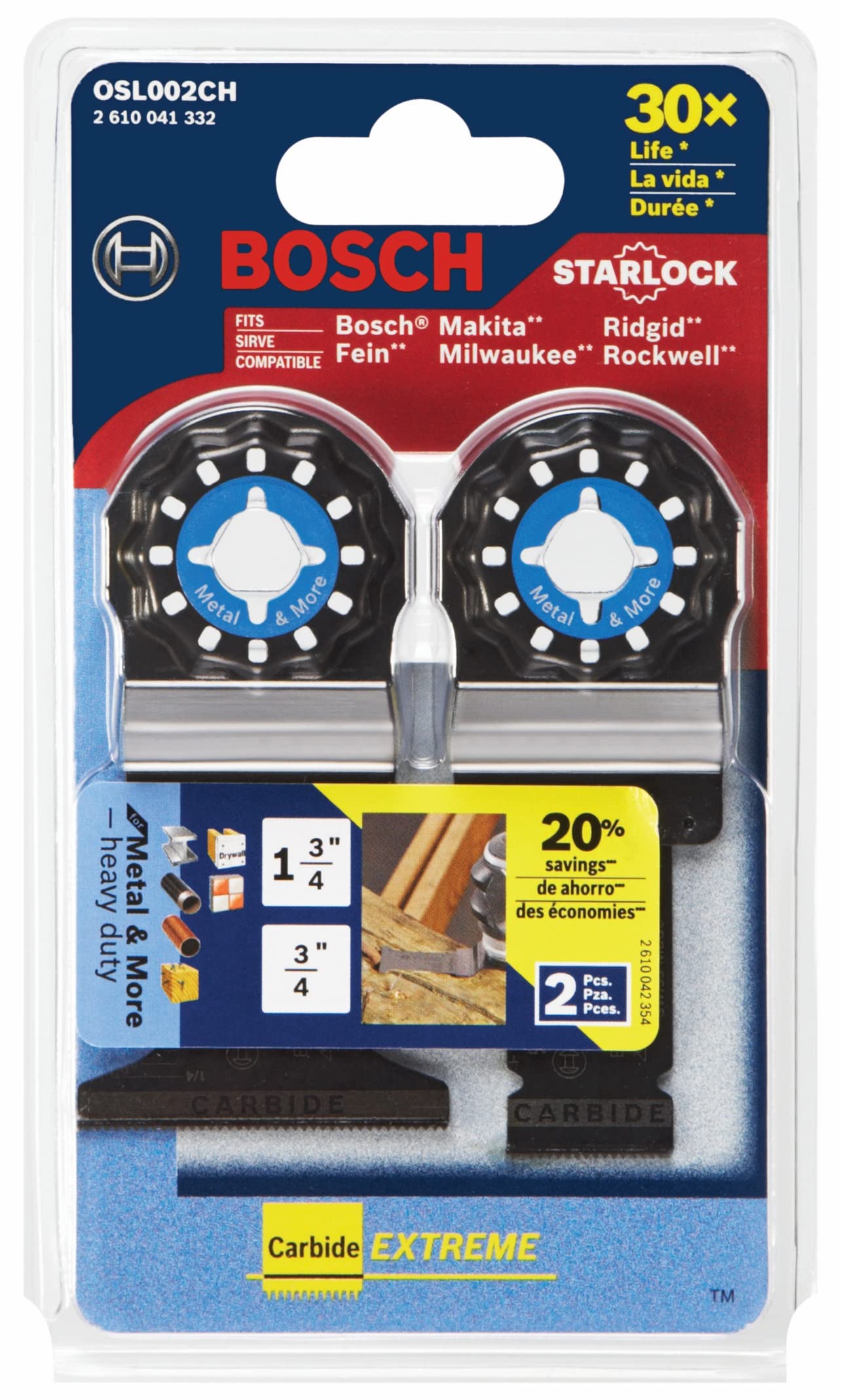 BOSCH OSL002CH 2-Piece Mixed Set 3/4 In. & 1-3/4 In. Starlock Oscillating Multi Tool Metal & More Carbide Extreme Plunge Cut Blades for Cutting Iron Bar, Metal, Wood with Nails, Drywall and Tile