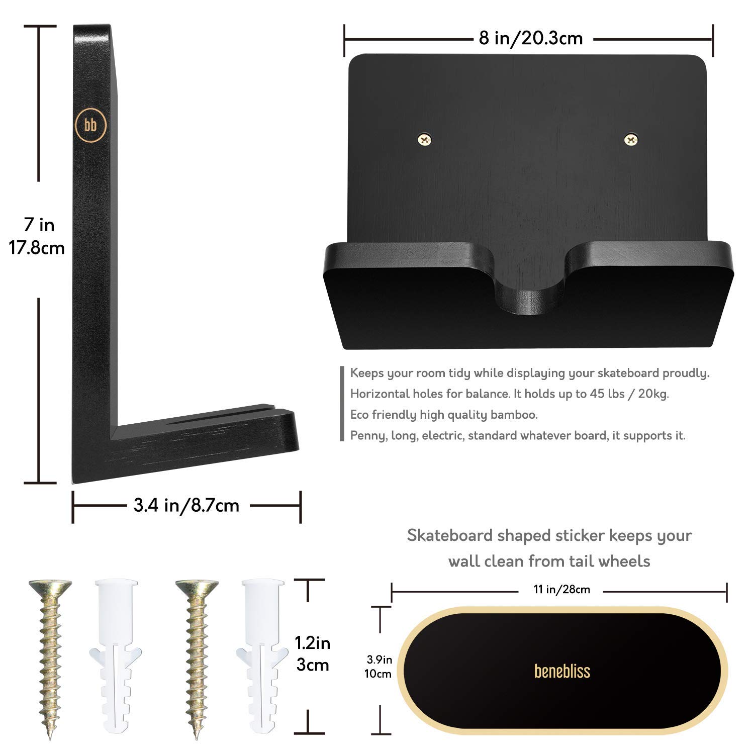 benebliss Skateboard Wall Mount| Bamboo Skate Rack for Longboard Hanger, Electric Boards e-Boards Holder Black Wooden Wall Shelf Board, Skateboards Storage mounts, Deck Display | Board not incl.