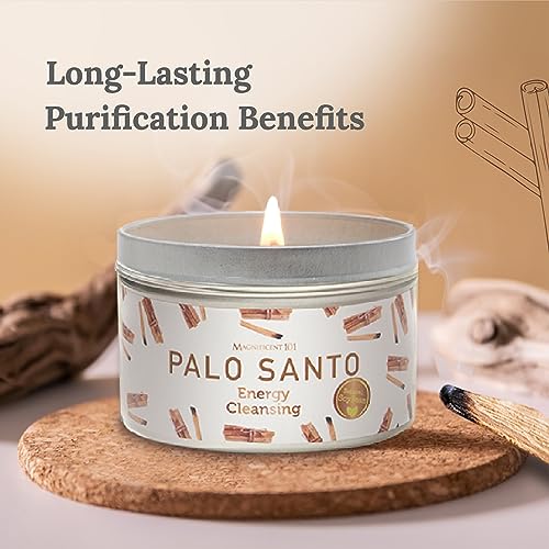 Magnificent 101 Palo Santo Smudge Candle for Home Energy Cleansing and Aromatherapy β 6 oz Natural Soy Wax Tin β 24-Hour Burn Time - Banishes Negative Energy, Chakra Healing, and Manifestation
