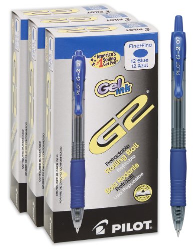 PILOT G2 Premium Refillable & Retractable Rolling Ball Gel Pens, Fine Point, Blue Ink, 12-Pack Box (Pack of 3) (46053)