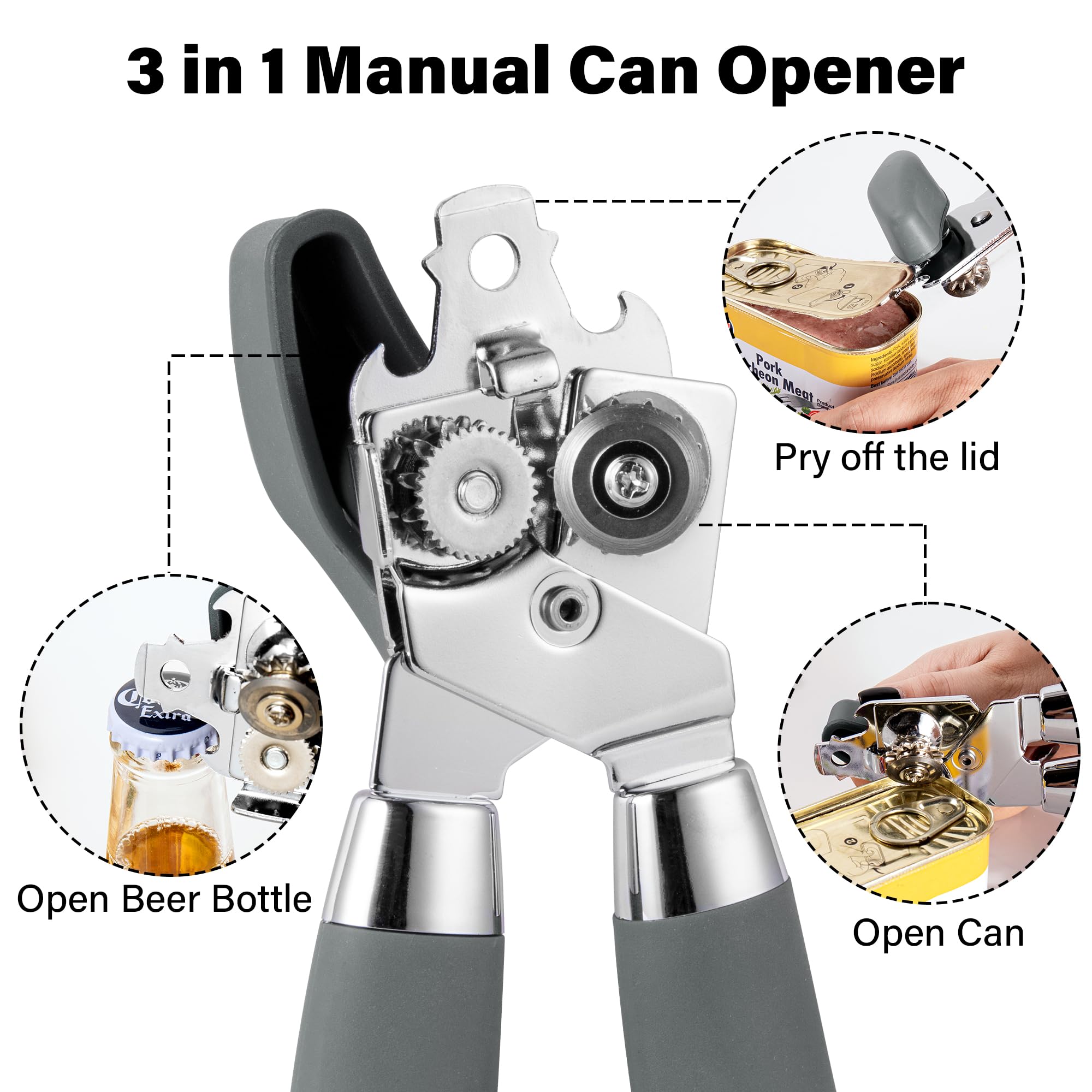 Can Opener Manual, TJ POP Can Opener, Heavy Duty Hand Held Can Openers, Stainless Steel Can Opener Smooth Edge, Easy Turn Knob, with Bottle Opener, Kitchen Gadgets Gray