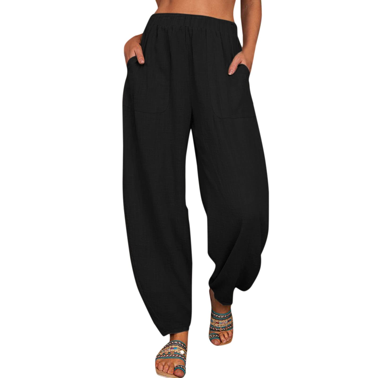 Boho Pants Loose Women's Pants（Chain） Casual Sport Small-Legged Monochromatic Halon Pants Rain Pants D-Black