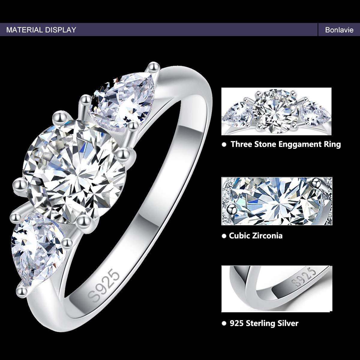 BONLAVIE 925 Sterling Silver Engagement Ring for Women Pear & Round Cut 3-Stone Ring AAA Cubic Zirconia Ring Promise Ring for Her Wedding Bands Size 7.5