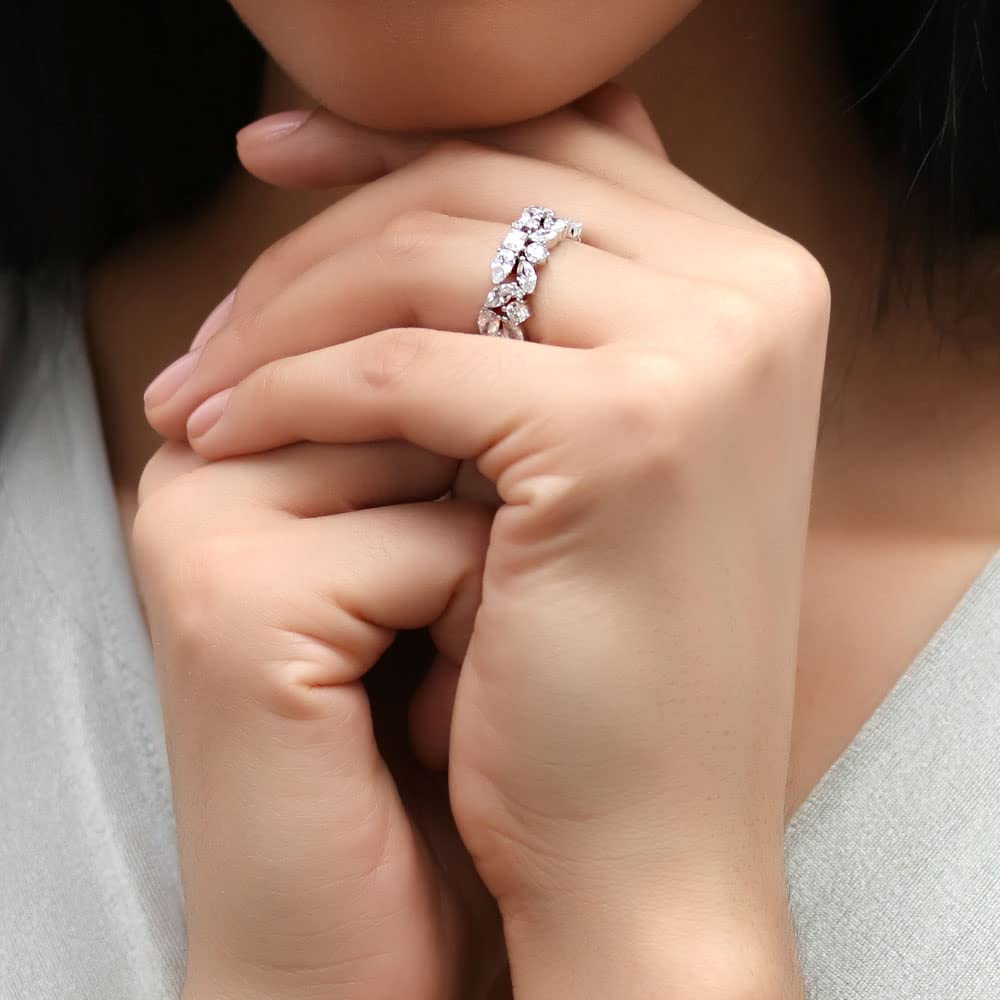 BERRICLE Sterling Silver Cluster Pear Cut Cubic Zirconia CZ Statement Fashion Anniversary Eternity Ring for Women, Rhodium Plated Size 9