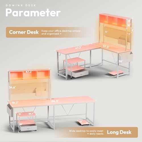 Dowinx L Shaped Gaming Desk with Pegboard and Removable Filing Cabinet, Reversible 67β Computer Gaming Desk with Power Outlet and Led, Office Corner Desk with Storage for Home Game, Pink
