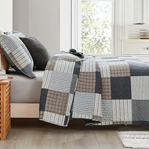 PANGUSHAN 100% Cotton Quilt Set Queen Size,Patchwork Plaid Queen Quilt Bedding Set Bedspreads,Farmhouse Lightweight Comforter,Grey/Gray/Black/Tan/White/Cream Reversible Quilt for Queen Bed,3 Pieces