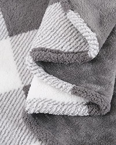 Panku Plaid Sherpa Throw Blanket with Solid Plush Reverse, Reversible Soft Fleece Checkered Blanket for Couch and Bed, Cozy and Warm Fuzzy Blanket, Grey Plaid, 50x60 Inches
